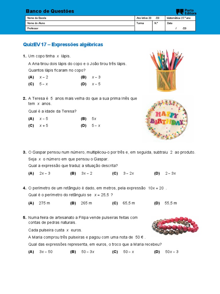 Exercícios de Álgebra para 5º Ano | PDF | Matemática