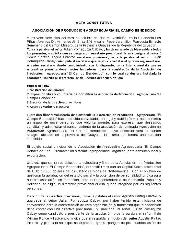 ACTA CONSTITUTIVA Asociación de Producción Agropecuaria "El Campo Bendecido " | PDF | Gobierno