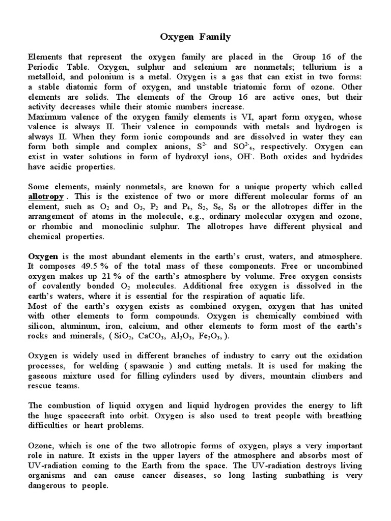 Oxygen Family | PDF | Oxygen | Molecules