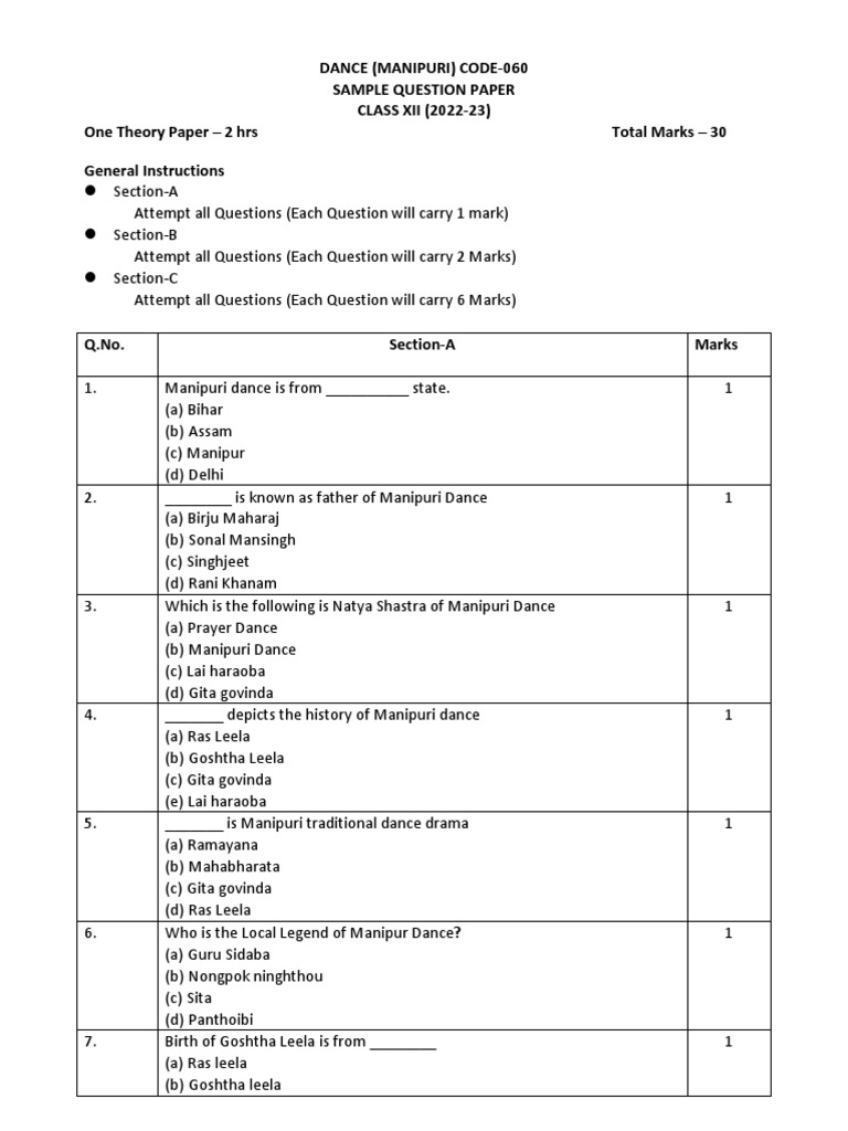 Dance (Manipuri) Code-060 Sample Question Paper CLASS XII (2022-23) One ...