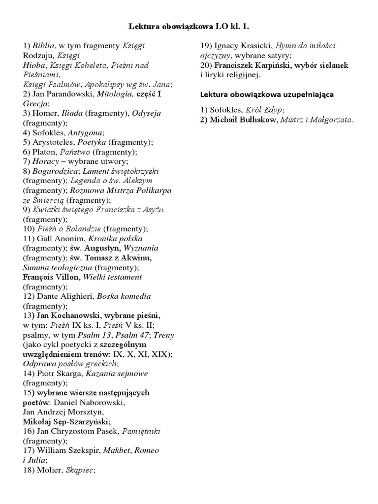 Lista Lektur Kl. 1. | PDF