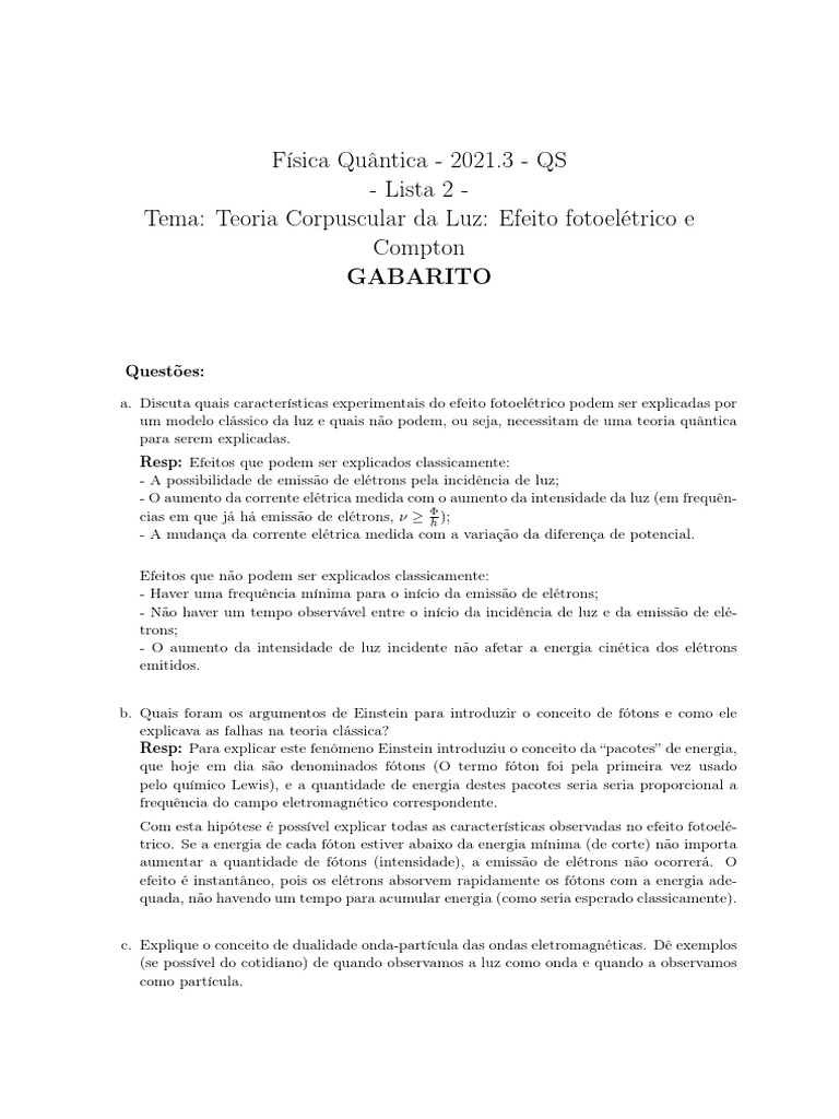 Física Quântica - 2021.3 - QS - Lista 2 - Tema: Teoria Corpuscular Da Luz: Efeito Fotoelétrico e ...