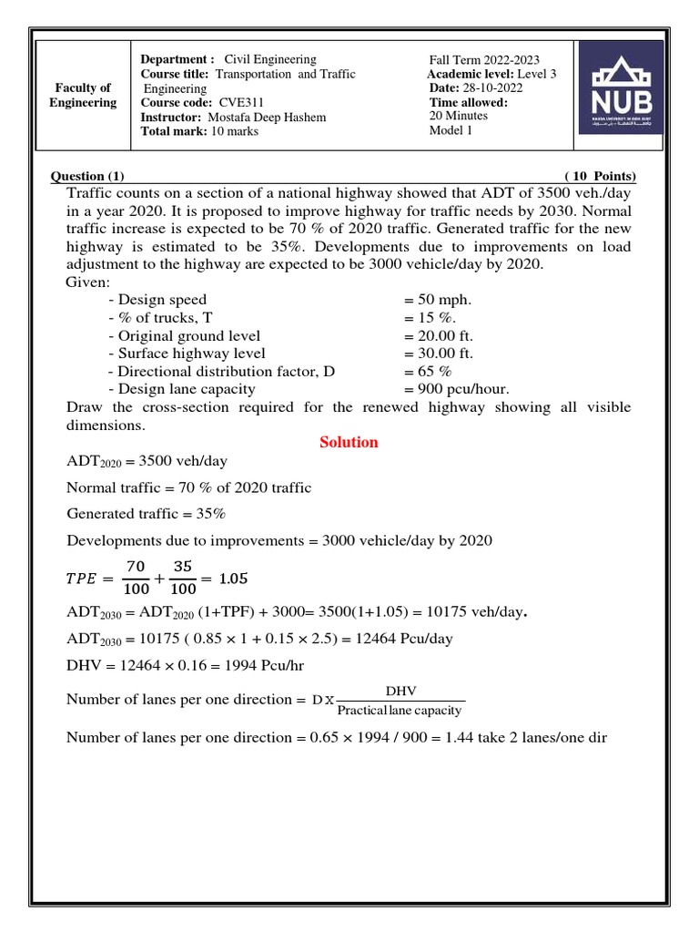 Model Answer Quez1 - 2021 - EPW - CVE311 Traffic Engineering (Model ...