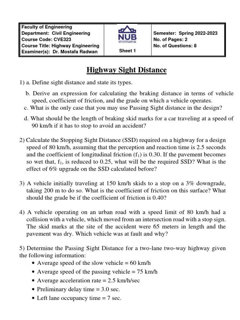Highway Engineering Exam: Questions on Highway Sight Distance ...