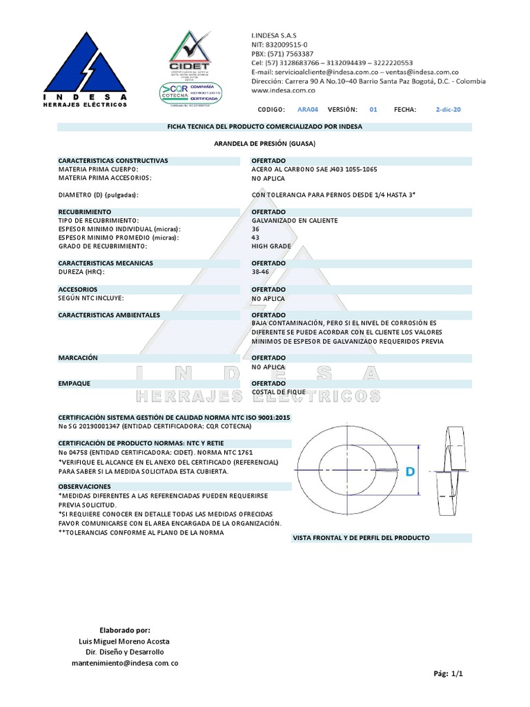 Certificado de Producto-Arandelas de Presión INDESA | PDF | Materiales