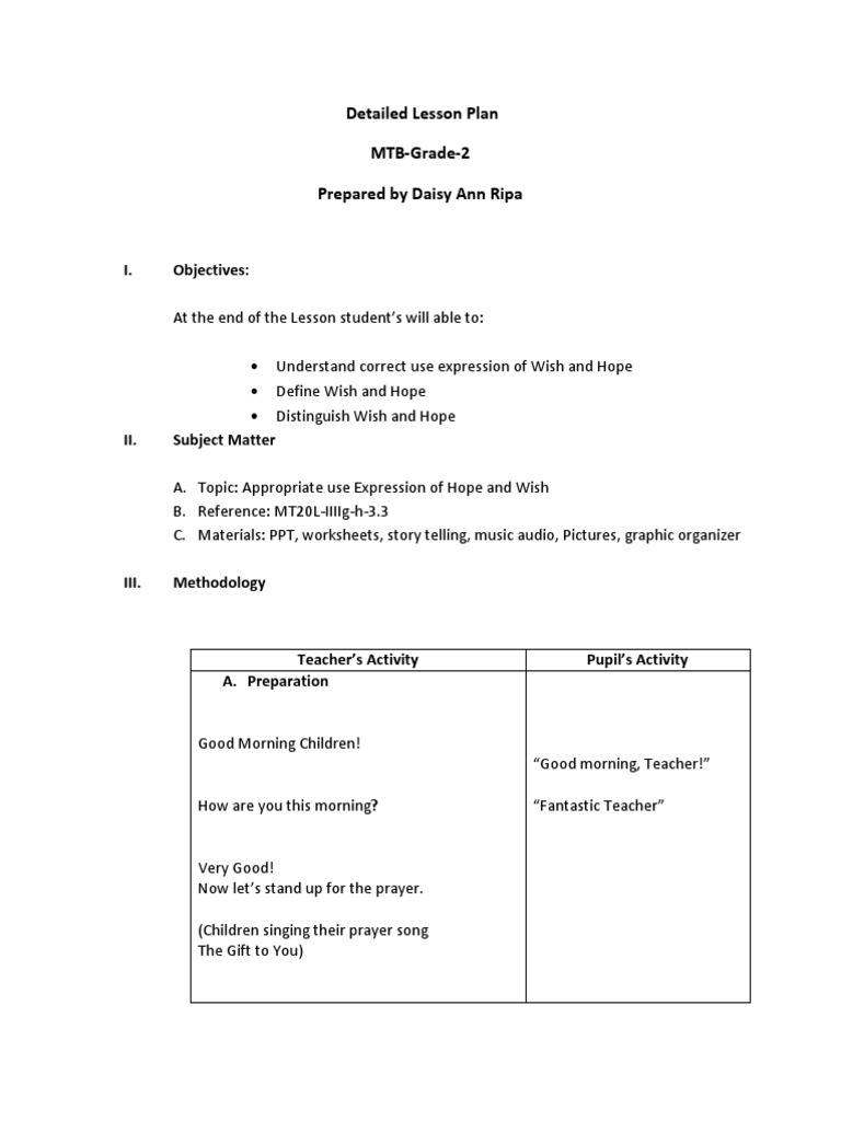 MTB Detaild Lesson Plan-Grade 2 | PDF | Teachers