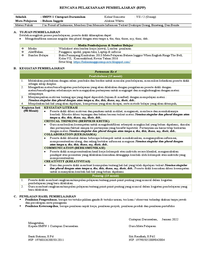 Rencana Pelaksanaan Pembelajaran (RPP) : Pendahuluan (15 Menit) | PDF ...