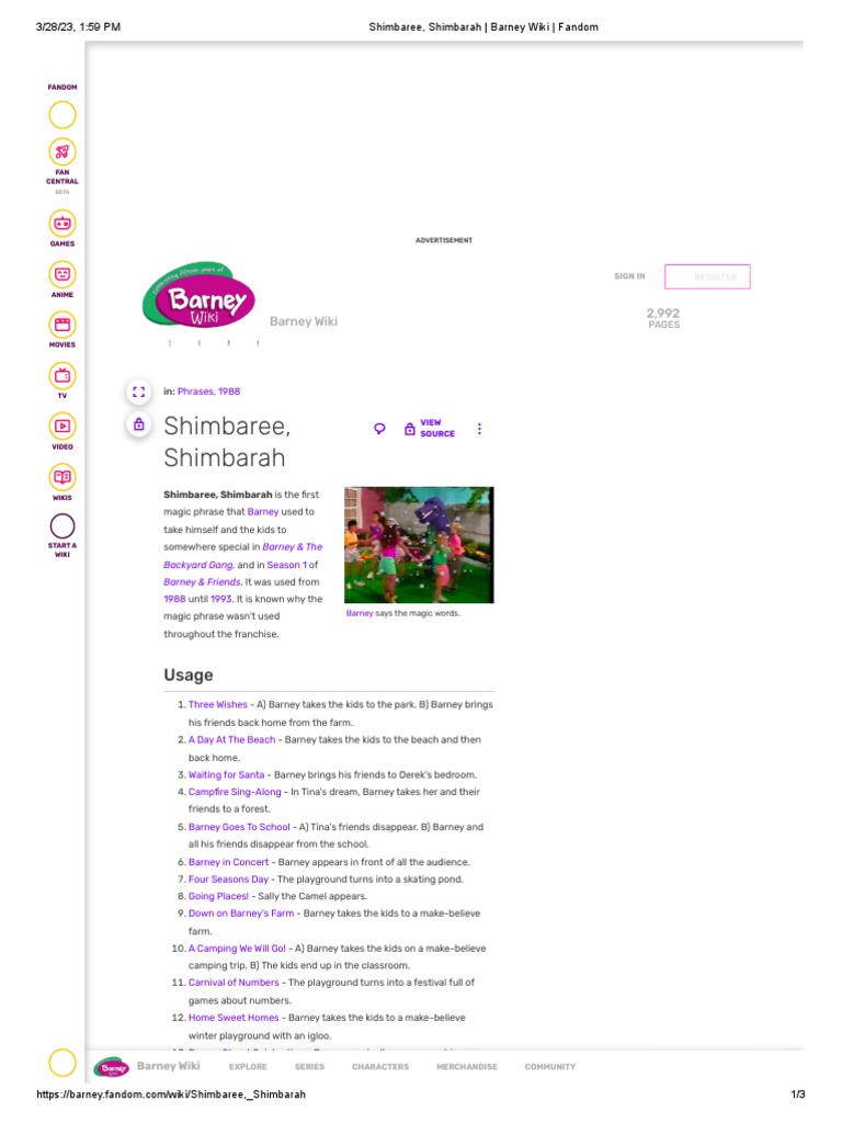 Shimbaree, Shimbarah in Barney's World | PDF | Mass Media