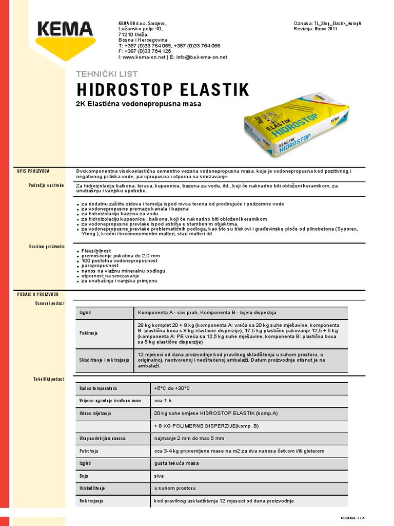 Hidrostop Elastik: Tehnički List | PDF