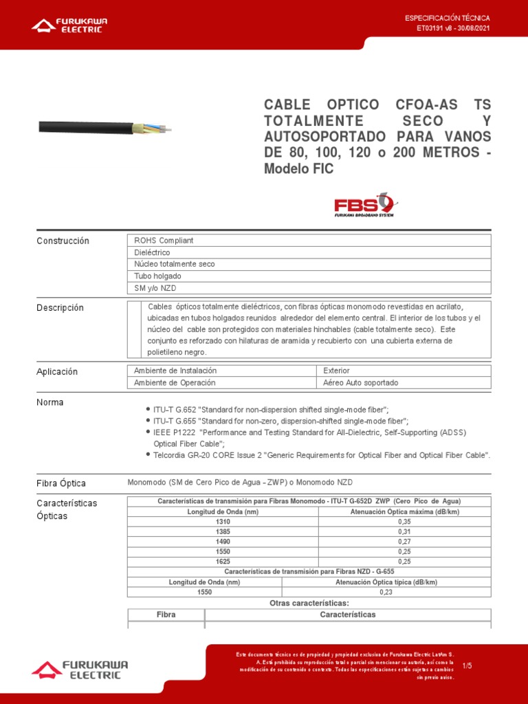 Ficha Técnica-Cable de F.O. Spam 200 Furukawa | PDF | Fibra óptica | Óptica