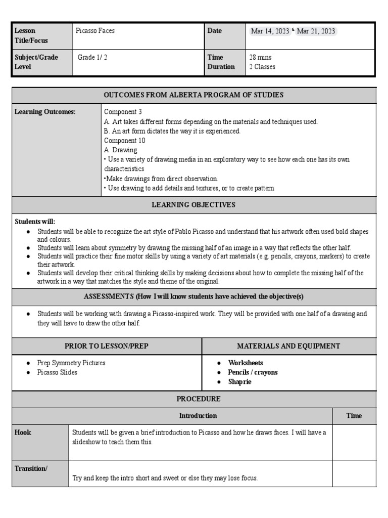 Picasso Art | PDF | Drawing | Lesson Plan