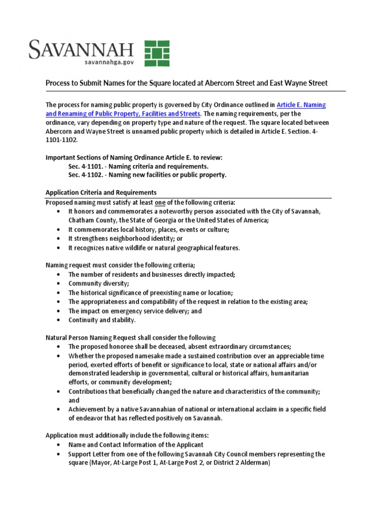 Savannah Sqaure Naming Guidelines Pdf 