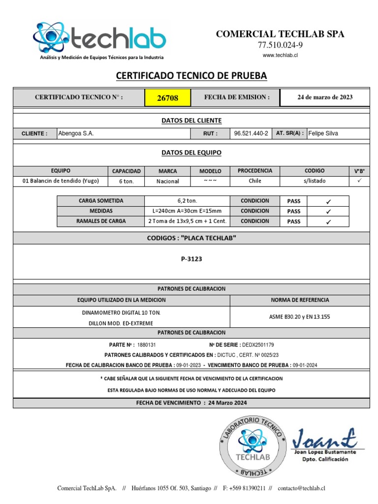 Certificado Tecnico de Prueba: Comercial Techlab Spa | PDF | Calibración | Metrología
