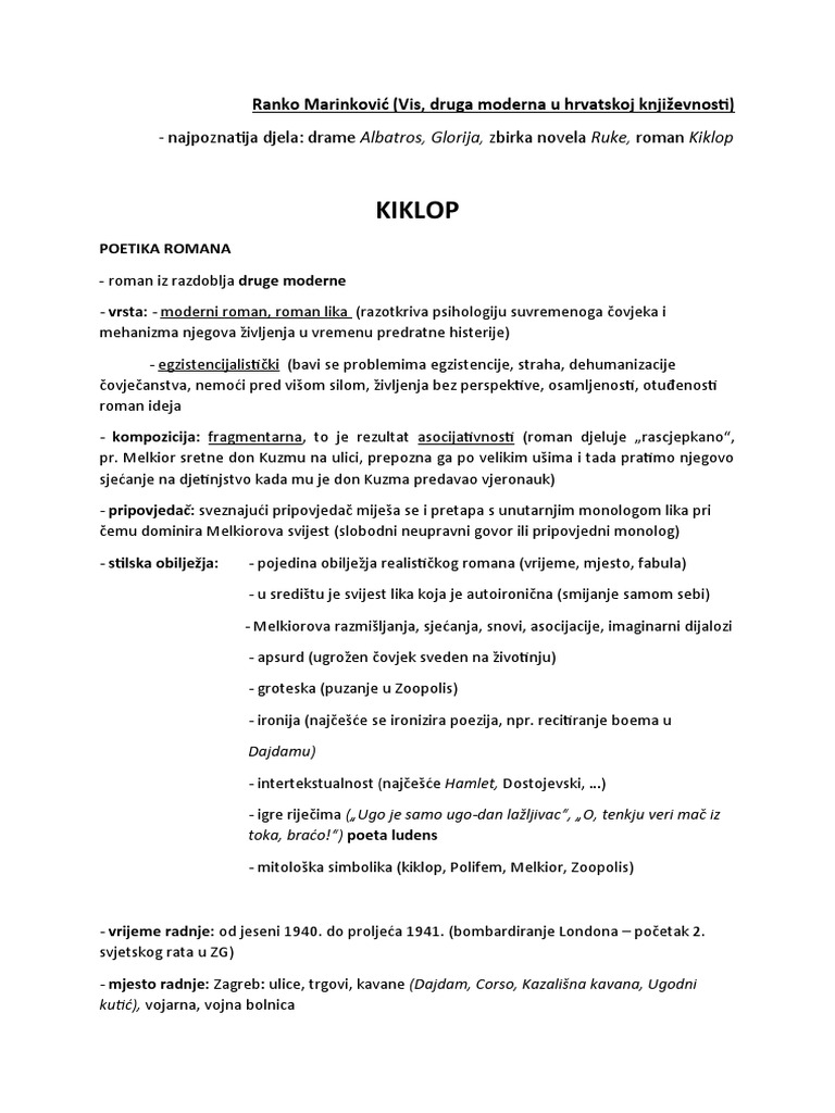 Kiklop: - Najpoznatija Djela: Drame Albatros, Glorija, Zbirka Novela Ruke, Roman Kiklop | PDF