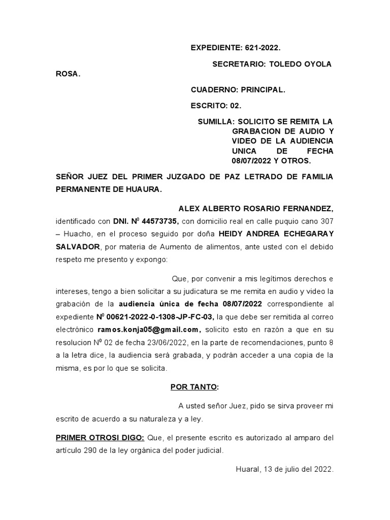 Escrito de Solicitud de Audio y Video Alex | PDF