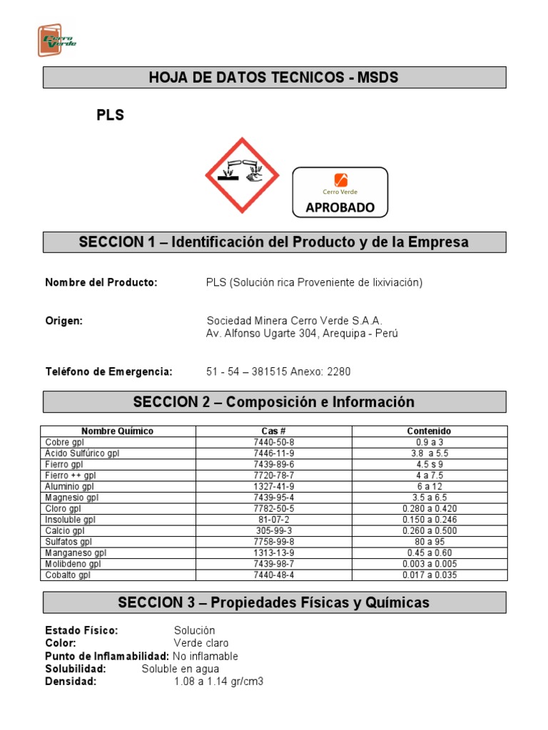 Hoja de Datos Tecnicos - Msds PLS | PDF | Química | Ciencias fisicas