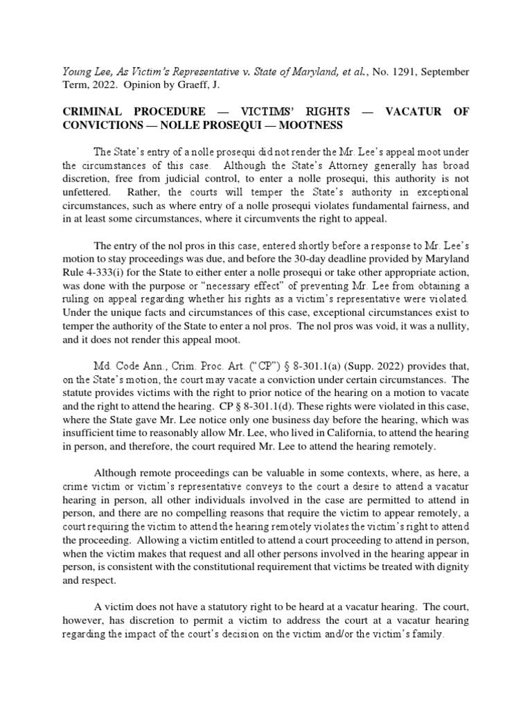 Criminal Procedure - Victims' Rights - Vacatur of Convictions - Nolle ...