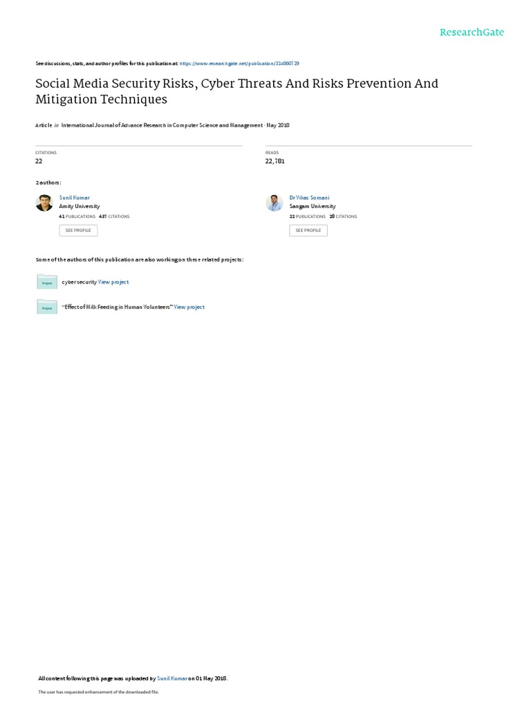 Social Media Security Risks, Cyber Threats and Risks Prevention and Mitigation Techniques | PDF ...