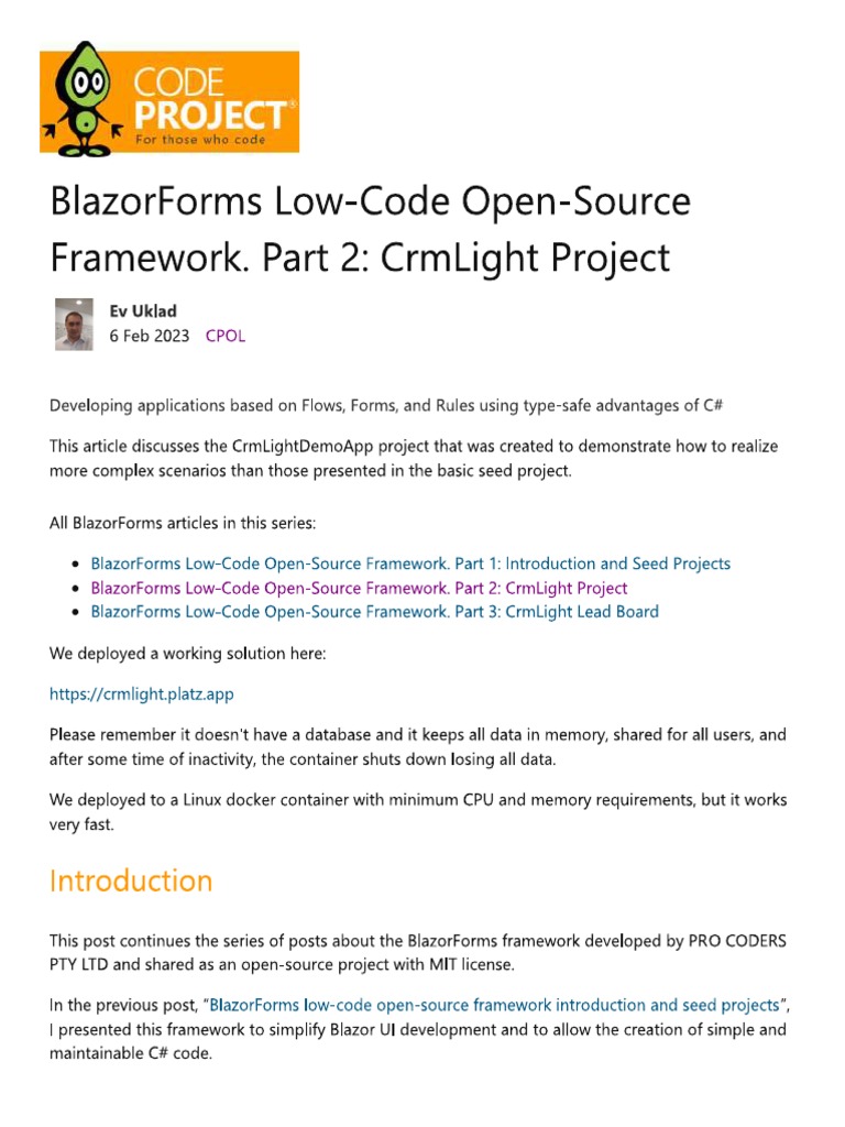 BlazorForms Low-Code Open-Source Framework. Part 2 - CrmLight Project | PDF