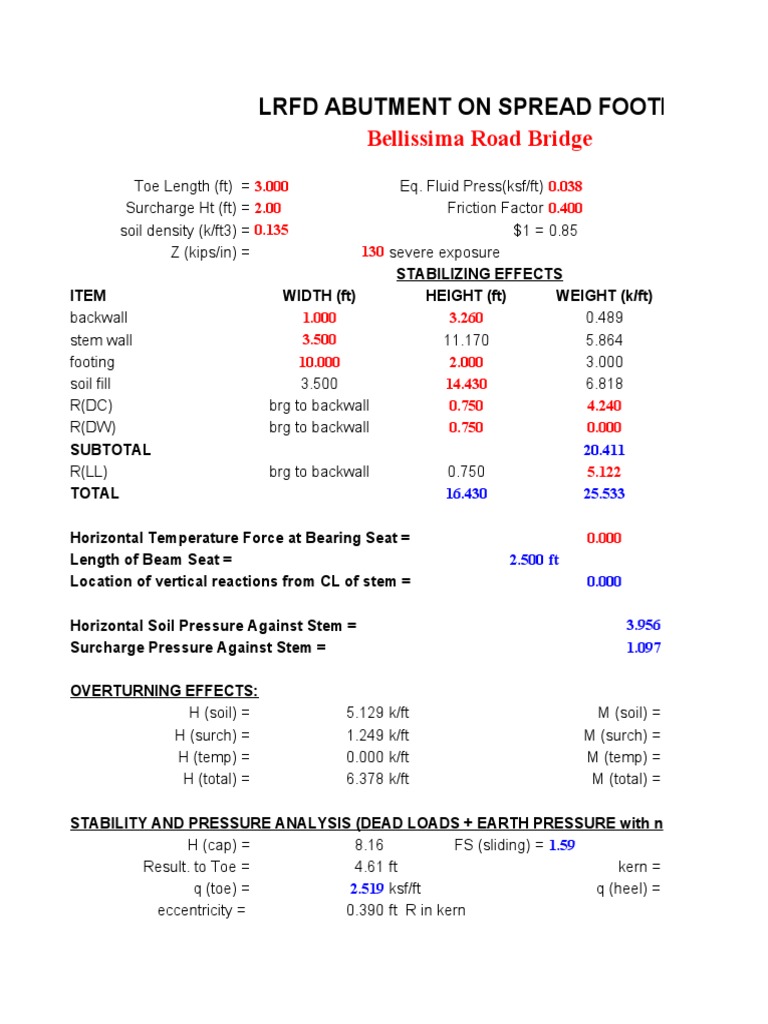 Abut (LRFD) On Spread FTG Bellissima Bridge | PDF | Mechanics ...