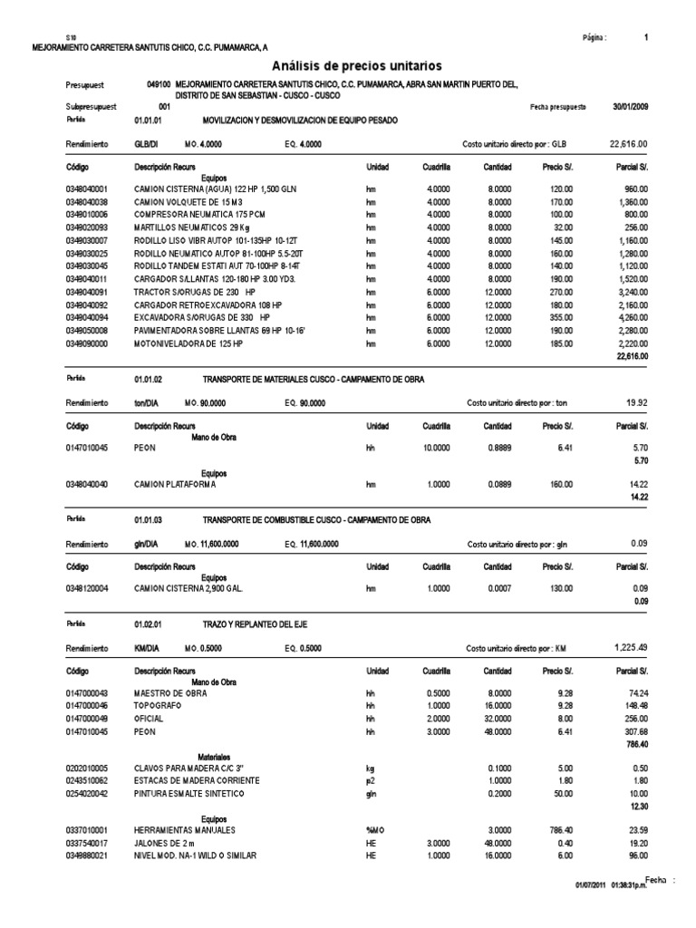 Costos Unitarios | PDF | Materiales de construcción | Ingeniero civil