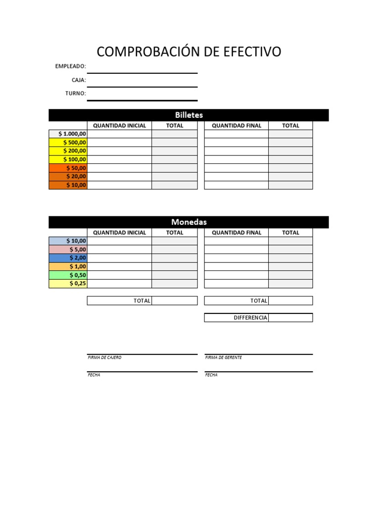Control de Caja para Imprimir | PDF