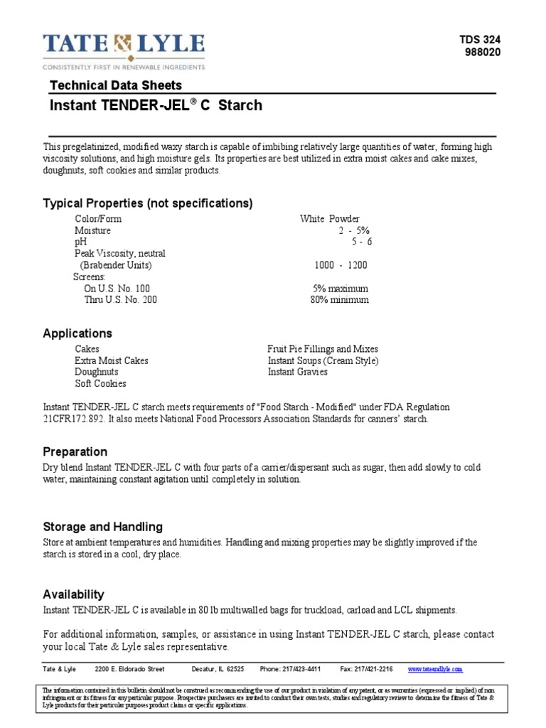 Instant Tender-Jel C Starch - TDS324 | PDF | Starch | Cakes