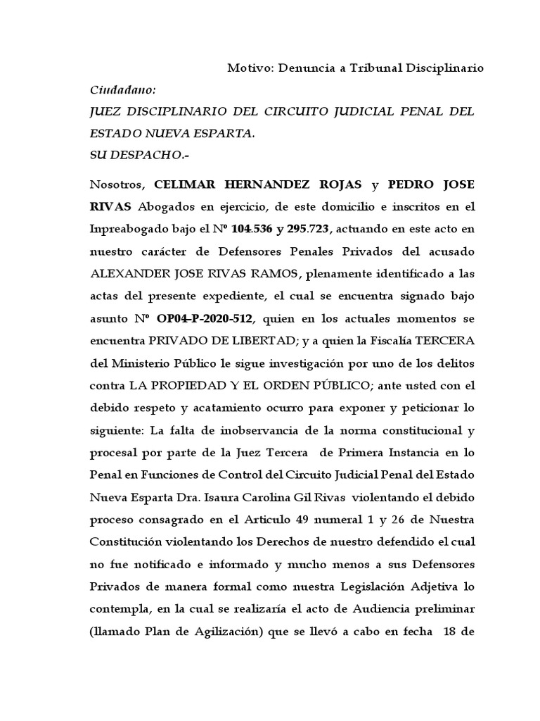 Escrito de Denuncia Ante Los Tribunales Disciplinarios | PDF ...