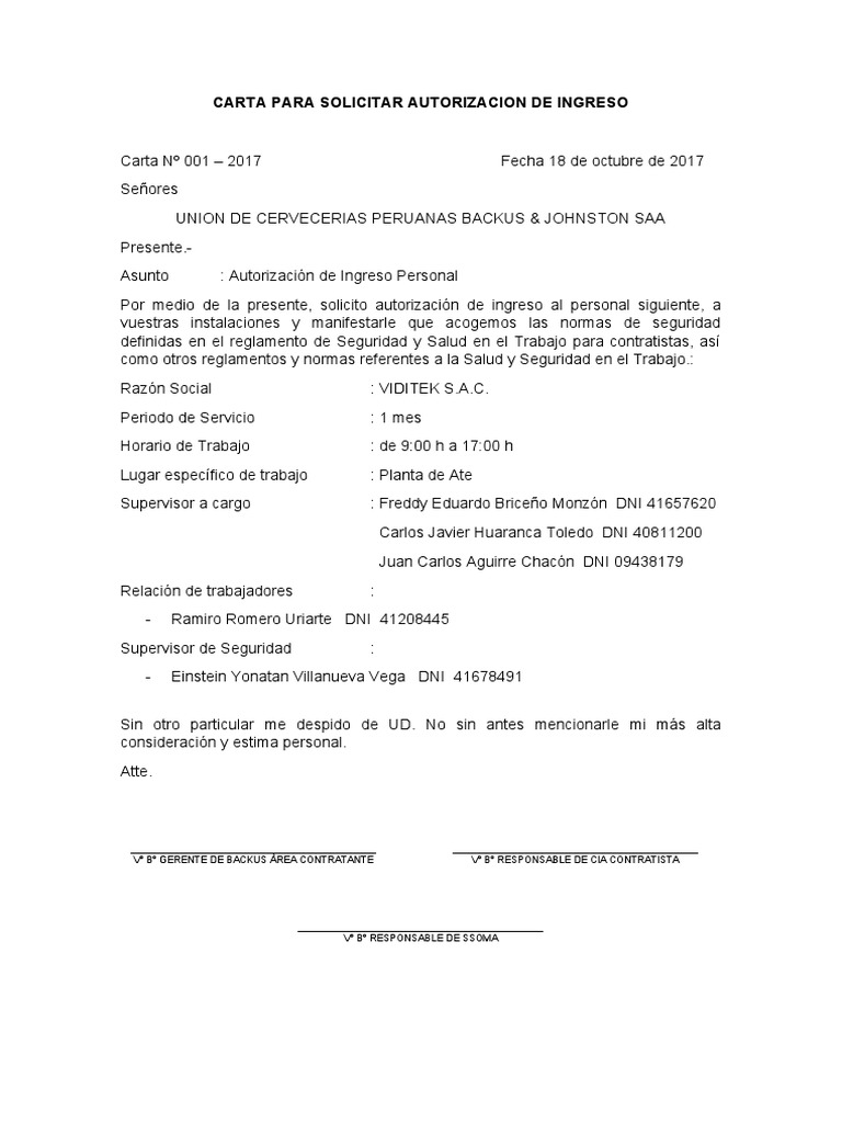 Carta para Solicitar Autorizacion de Ingreso | PDF