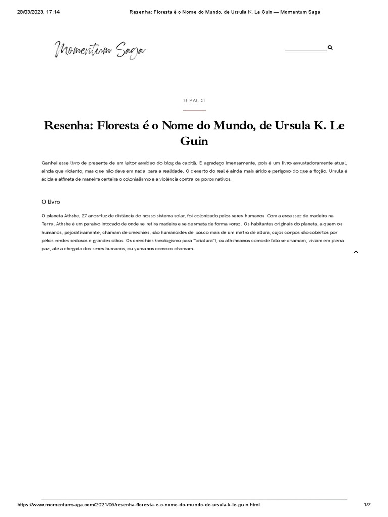 Resenha - Floresta É o Nome Do Mundo, de Ursula K. Le Guin - Momentum Saga | PDF