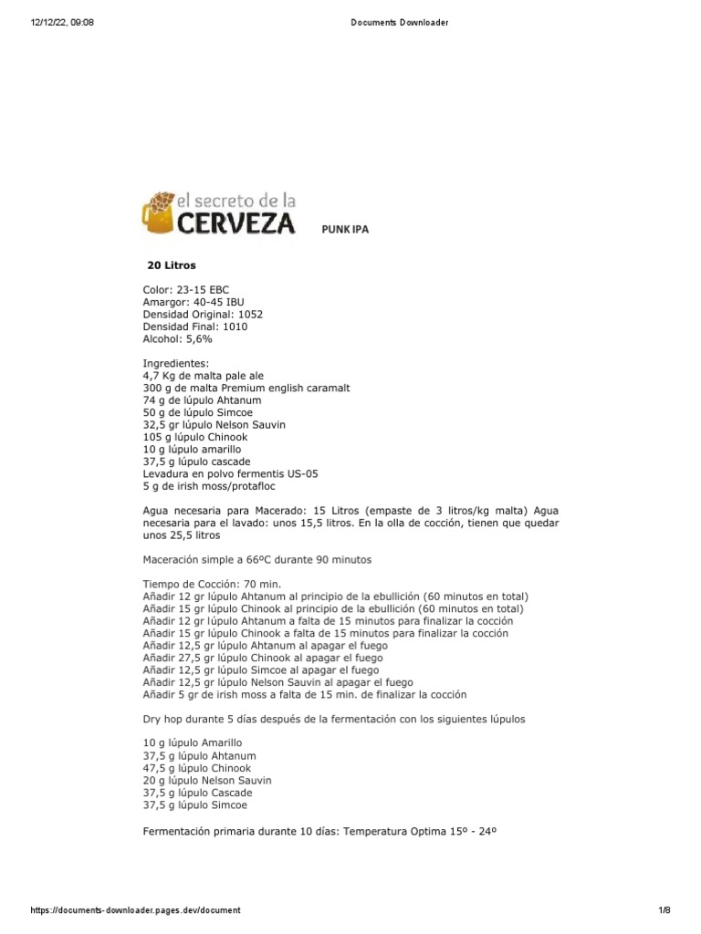 Receta de Cerveza PUNK IPA 20L | PDF | Botella | Cerveza