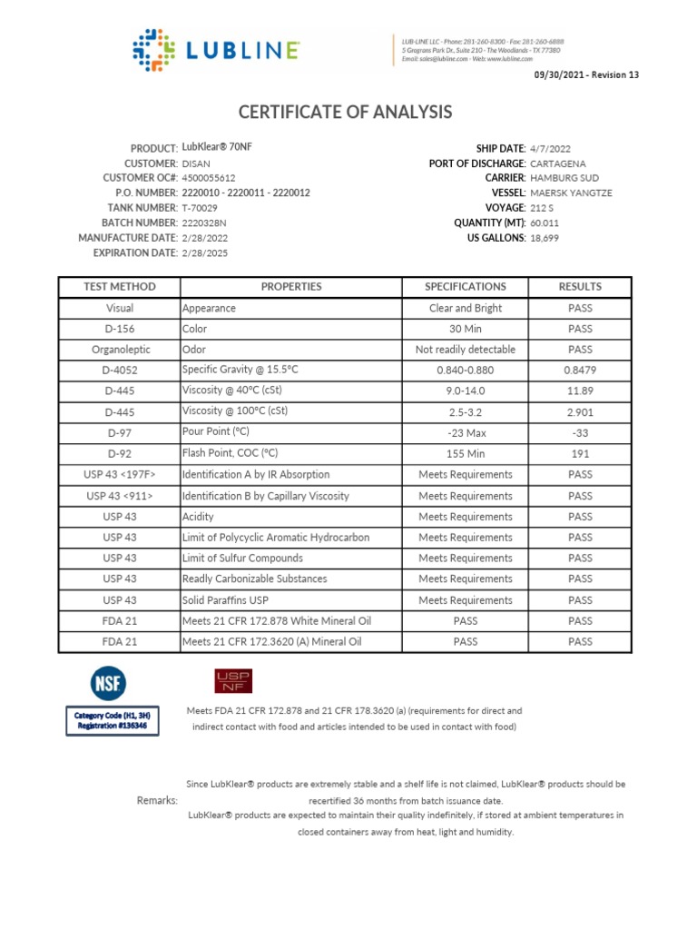 Certificate of Analysis: Ship Date: Port of Discharge: Carrier: Vessel ...