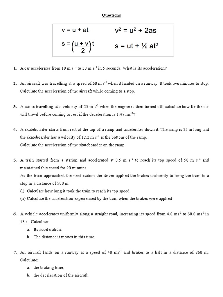 08 WS Suvat | PDF | Acceleration | Speed