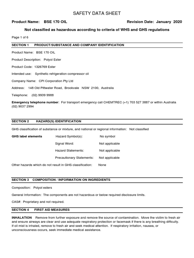 Ficha de Datos de Seguridad Bitzer-BSE-170-Oil | PDF | Combustion ...