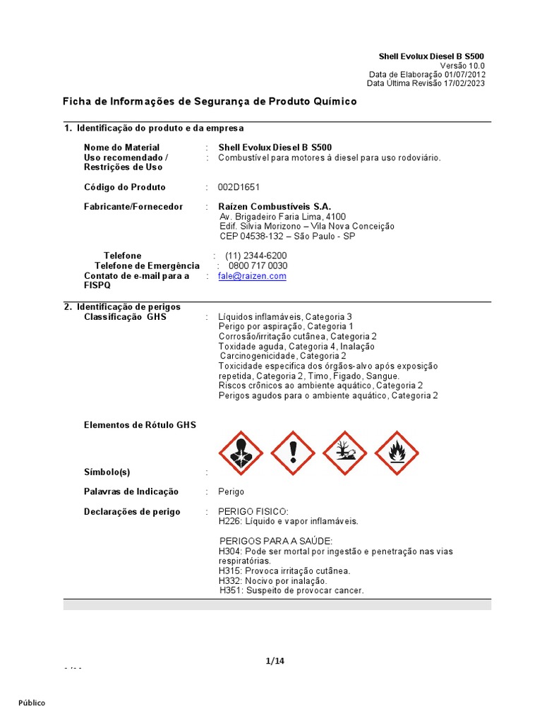 Fispq - Óleo Diesel B S500 Verão - Shell - 03.2023 | PDF | Combustão ...