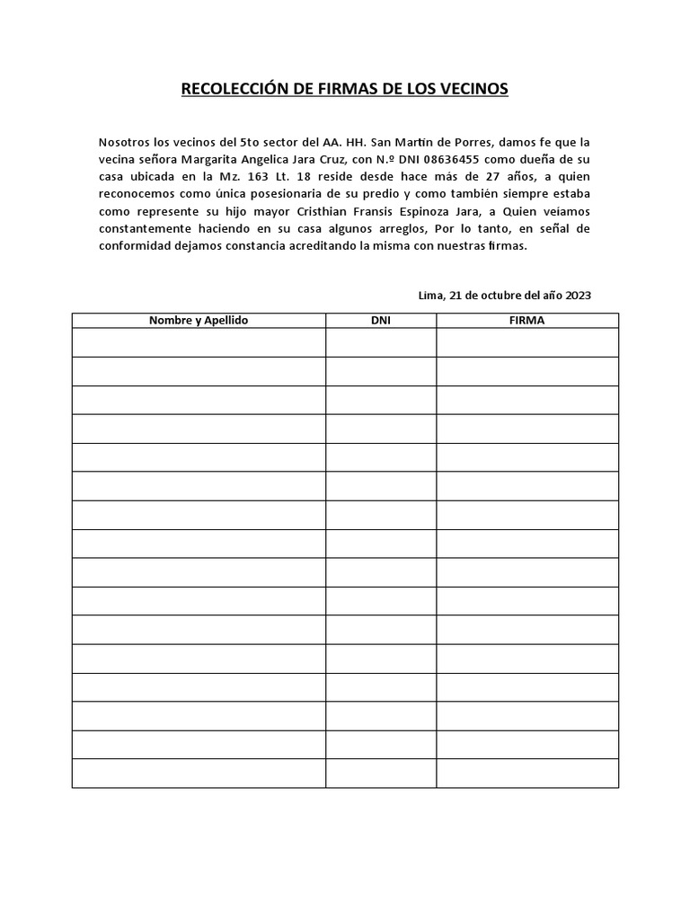 Recolección de Firmas de Los Vecinos: Nombre y Apellido DNI Firma | PDF