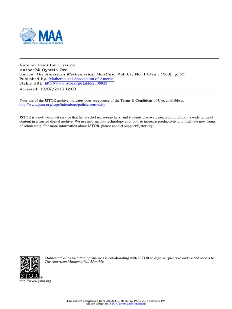 Ore - Note On Hamilton Circuits (AMM, Vol.67, 1960) | PDF | Vertex ...