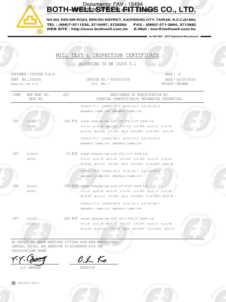 Mill Test & Inspection Certificate: According To en 10204 3.1 | PDF ...