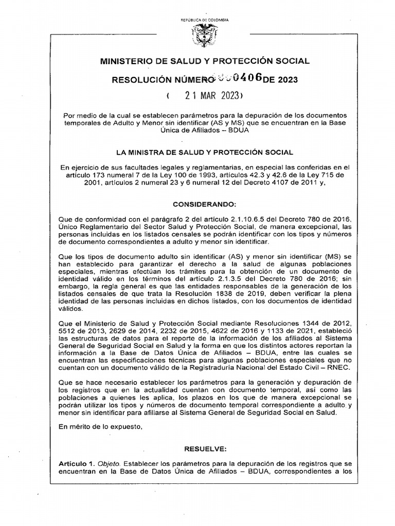 Depuración Documentos Temporales BDUA | PDF