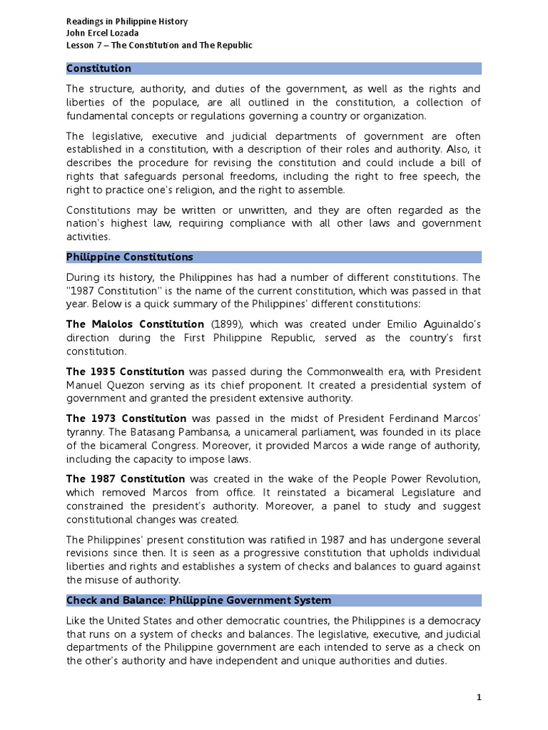 Readings in The Philippine History - Lesson 7 | PDF | Separation Of ...