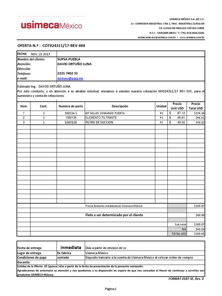 OFERTA N.º: COT024311/17-REV-000: Supsa Puebla David Ortuño Luna 2221 ...