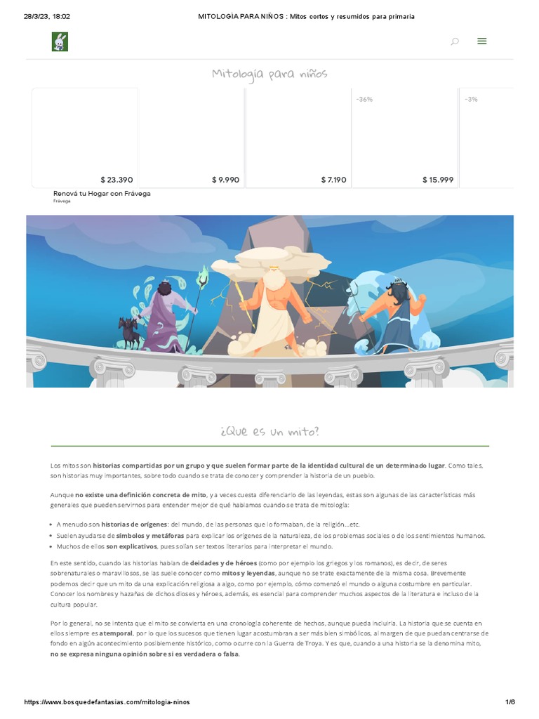 MITOLOGÍA PARA NIÑOS - Mitos Cortos y Resumidos para Primaria | PDF ...