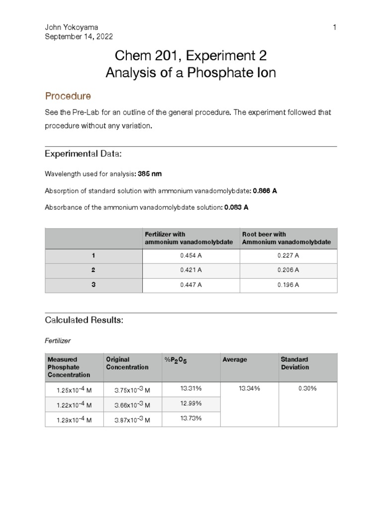 Chem 201 Experiment 2 - Lab Report | PDF | Absorbance | Fertilizer