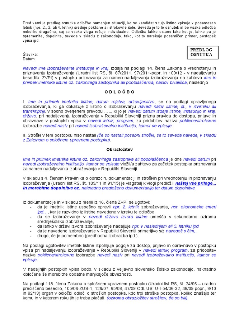 Predlog Osnutka: Naštej Vse Priloge... in Morebitne Dopolnitve Oz | PDF