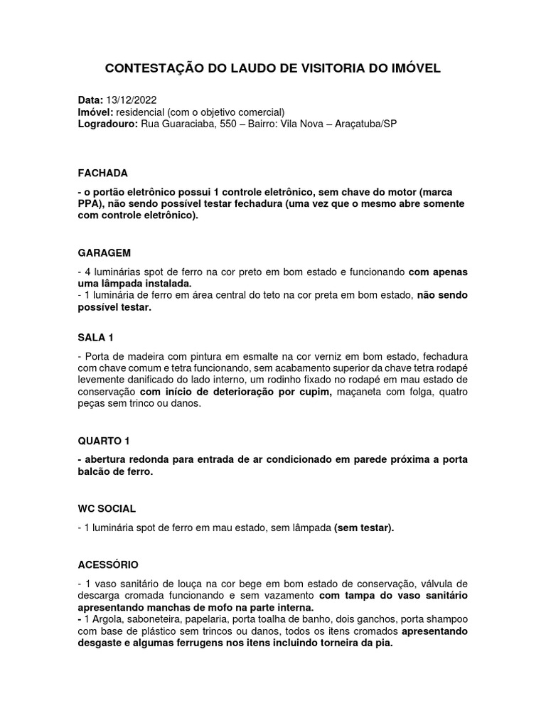 Contestação Sobre Laudo Da Vistoria | PDF | Materiais