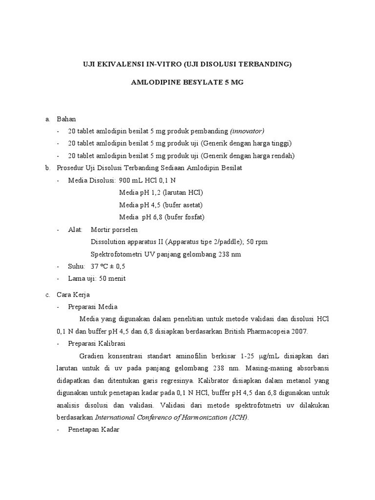 Uji Ekivalensi In-Vitro (Uji Disolusi Terbanding) Amlodipine Besylate 5 MG | PDF