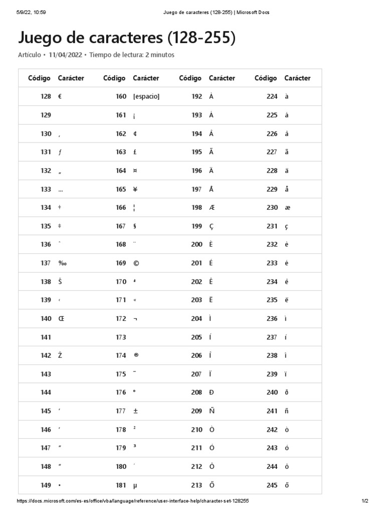 Juego de Caracteres (128-255) - Microsoft Docs | PDF | Software de ...