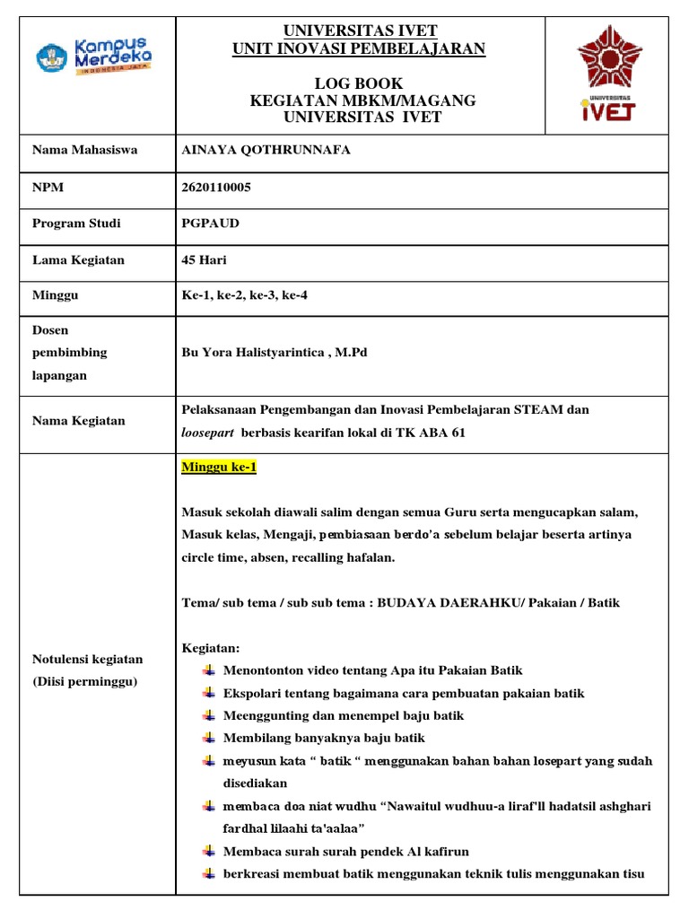 Log Book Magang Di TK Aba 4 | PDF