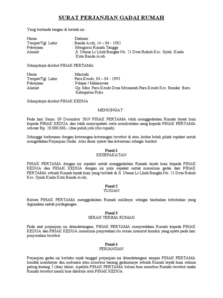 Surat Perjanjian Pegadaian | PDF