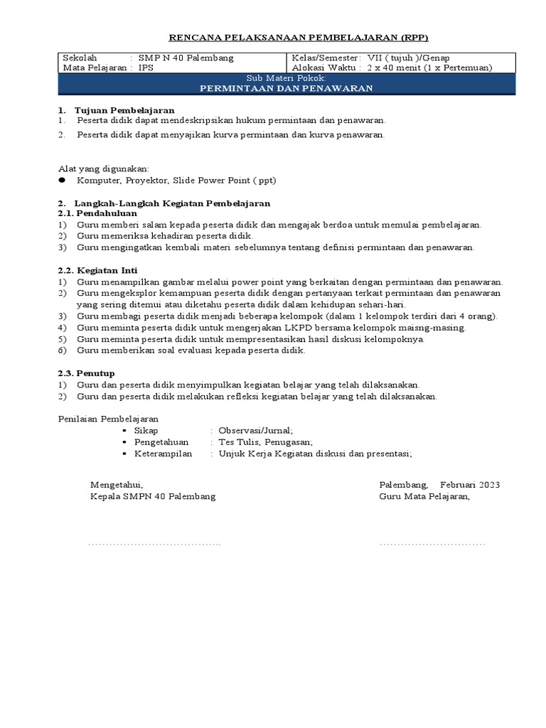 RPP IPS Kelas VII: Permintaan & Penawaran | PDF | Karier & Perkembangan ...